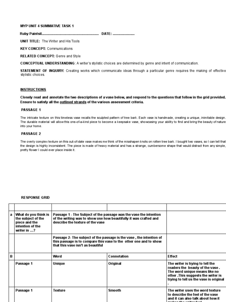 Myp Unit 4 Summative Task 1 | PDF | Word | Syntax