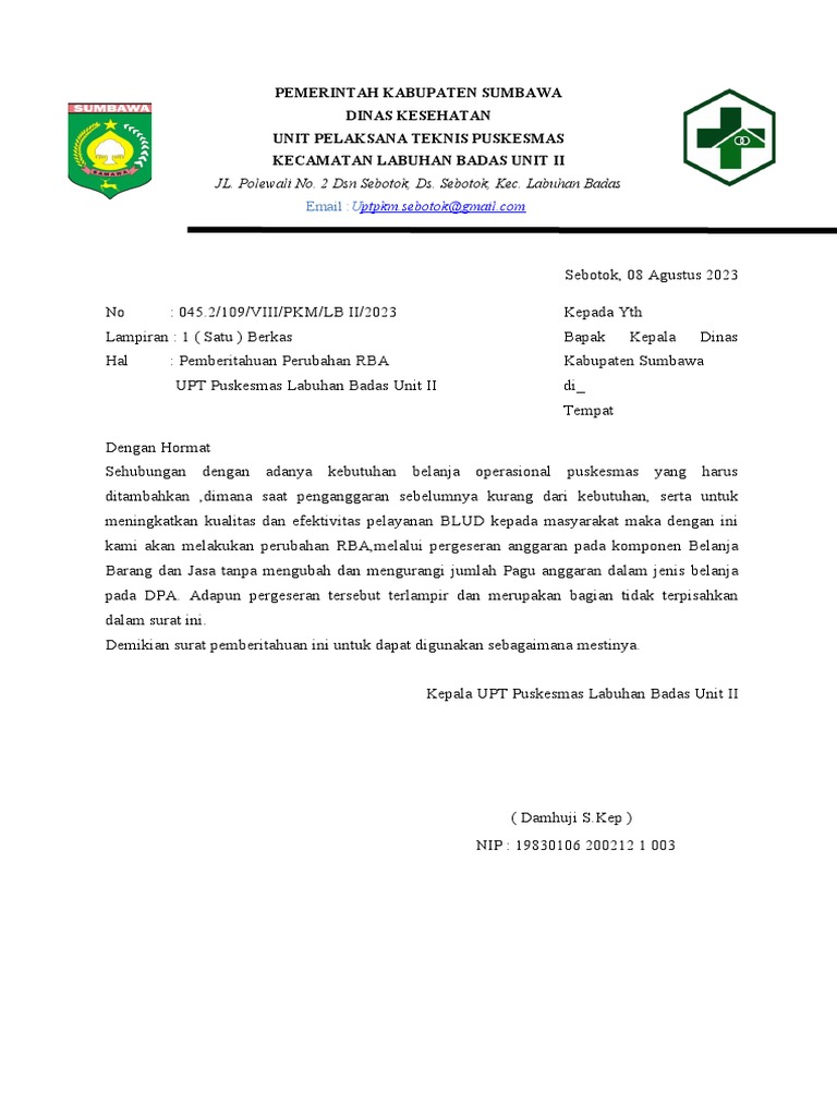 Pemberitahuan Perubahan RBA Puskesmas | PDF