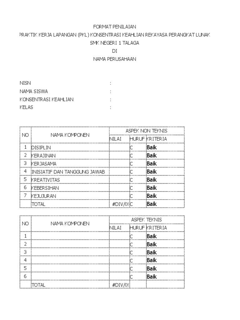Form Penilaian Pkl Smkn 1 Talaga | PDF