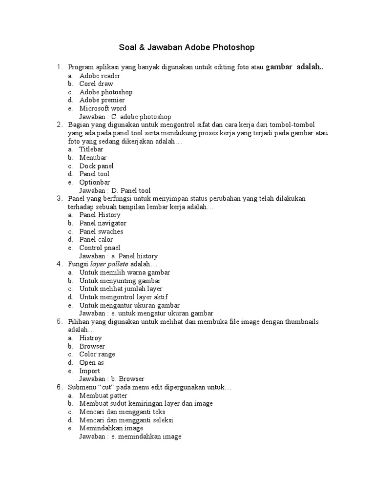 Soal Dan Jawaban Photoshop | PDF | Metode & Bahan Ajar | Komputer