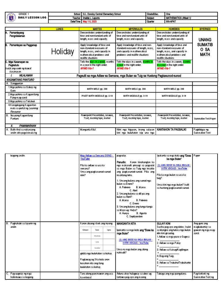Q4 - DLL - Math1 - Week 1 | PDF