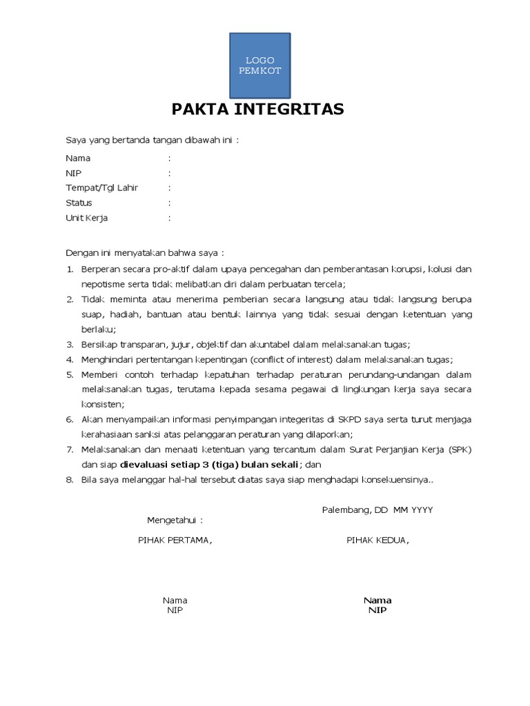 Contoh Pakta Integritas Pegawai Kontrak | PDF
