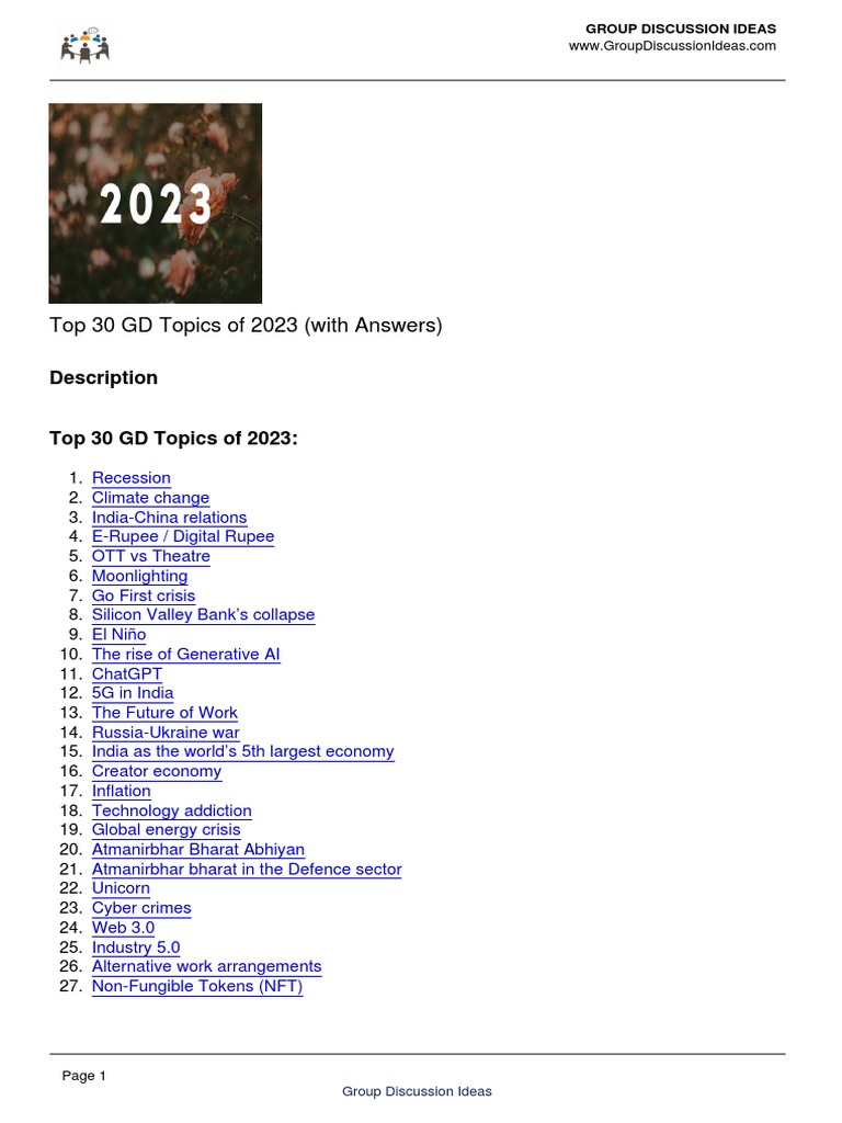 Top 30 GD Topics of 2023 (With Answers) | PDF