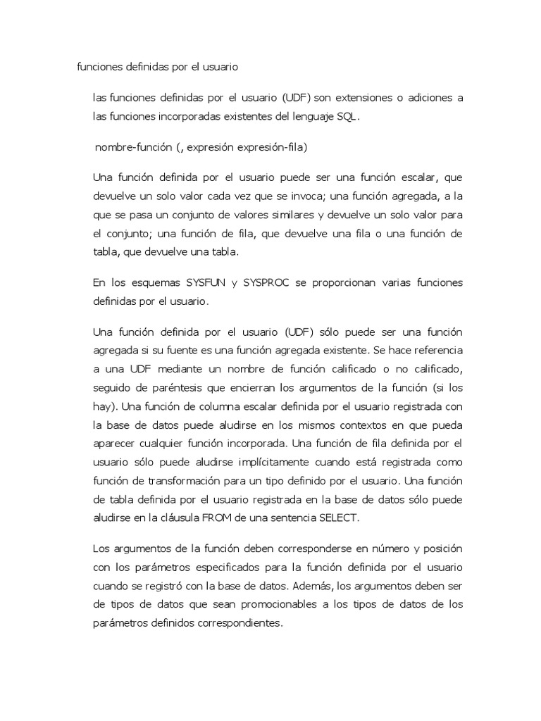 Funciones Definidas por el Usuario en SQL | PDF | Función (Matemáticas) | Informática
