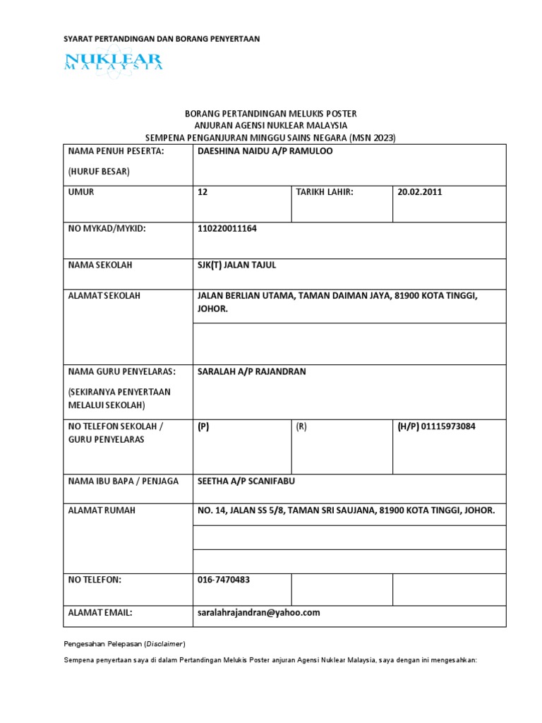 Borang Penyertaan Melukis Poster Sains 2023 | PDF
