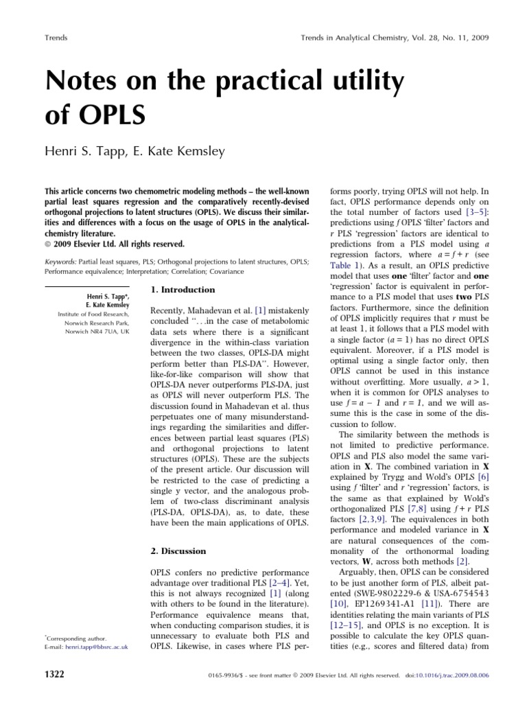 2009 - Tapp Dan Kemsley - Notes On The Practical Utility of OPLS | PDF ...