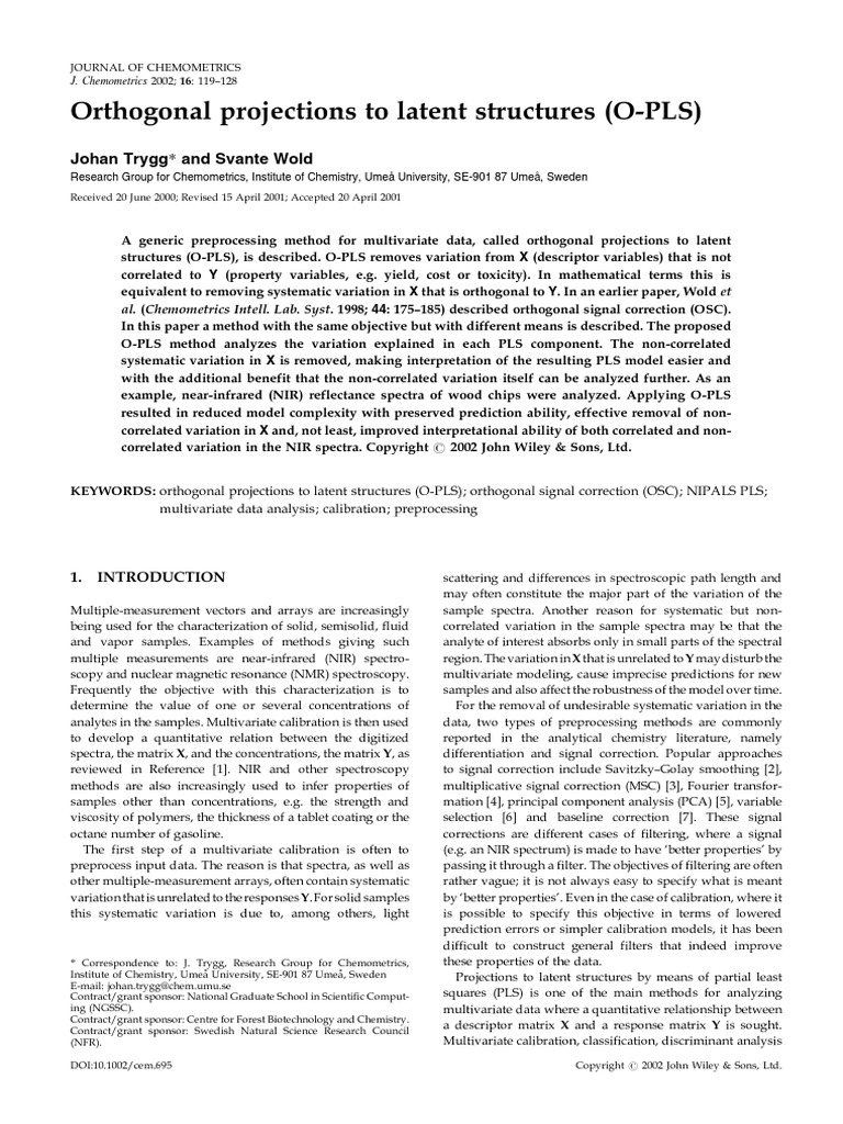 2002_Trygg Dan Wold_Orthogonal Projections to Latent Structures (O-PLS) | PDF