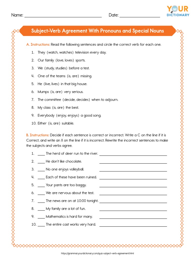 Subject Verb Agreement Pronouns Special Nouns | PDF | Verb | Linguistics