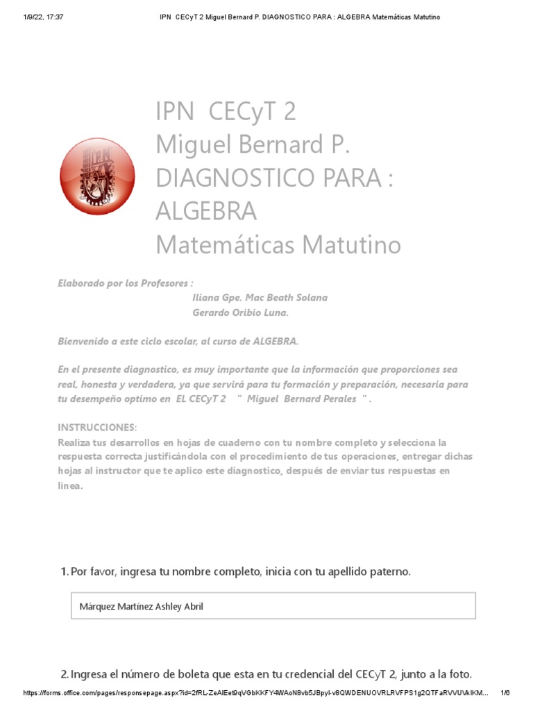 IPN CECyT 2 Miguel Bernard P. DIAGNOSTICO PARA - ALGEBRA Matemáticas ...