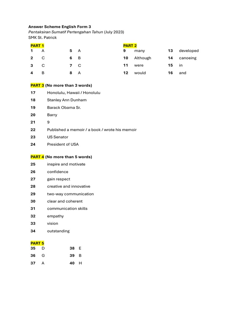 Answer Scheme English Form 3 (July 2023) | PDF
