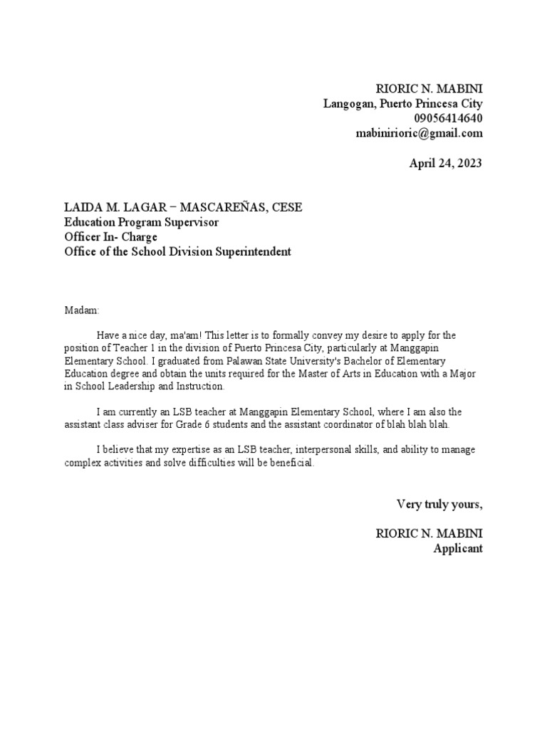 T1 Application Letter | PDF