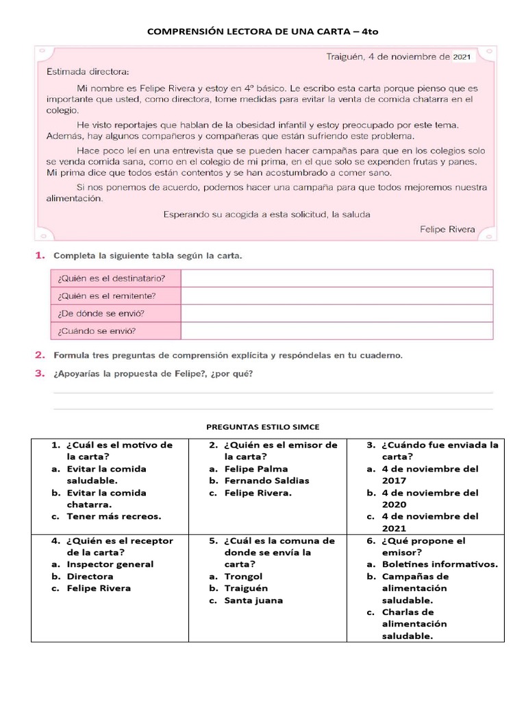 Comprensión Lectora de Una Carta | PDF
