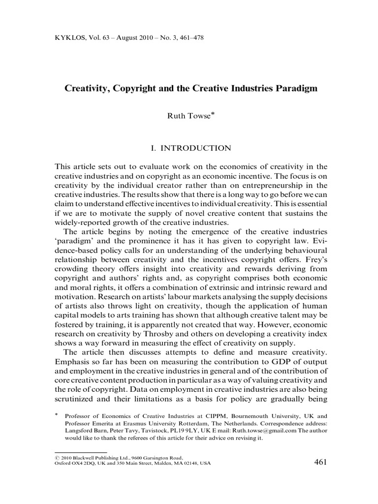 Creativity, Copyright and The Creative Industries Paradigm | PDF | Creativity | Labour Economics