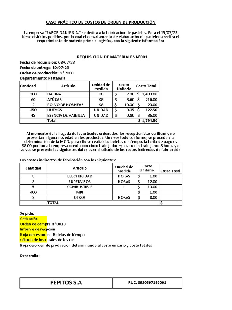 EJERCICIO DE SISTEMAS DE COSTOS POR ÓRDENES DE PRODUCCIÓN Y POR PROCESOS PROPUESTO | PDF | Alimentos