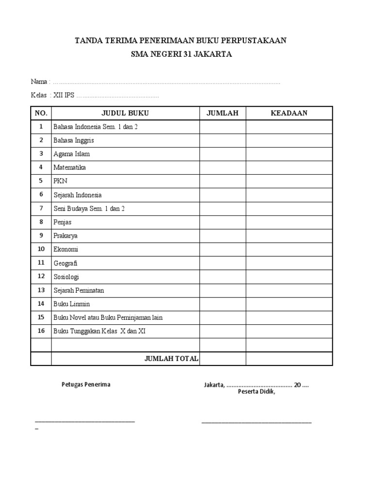 Tanda Terima Penerimaan Buku Paket Siswa XII IPS | PDF