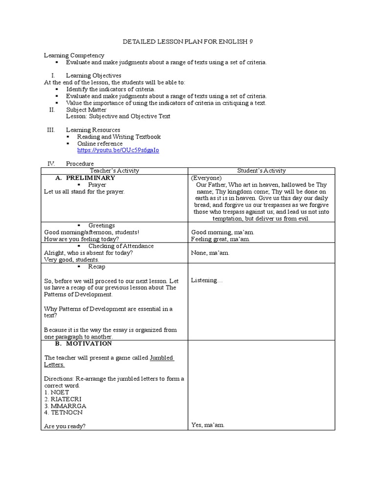Detailed Lesson Plan For English 10 | PDF | Lord's Prayer