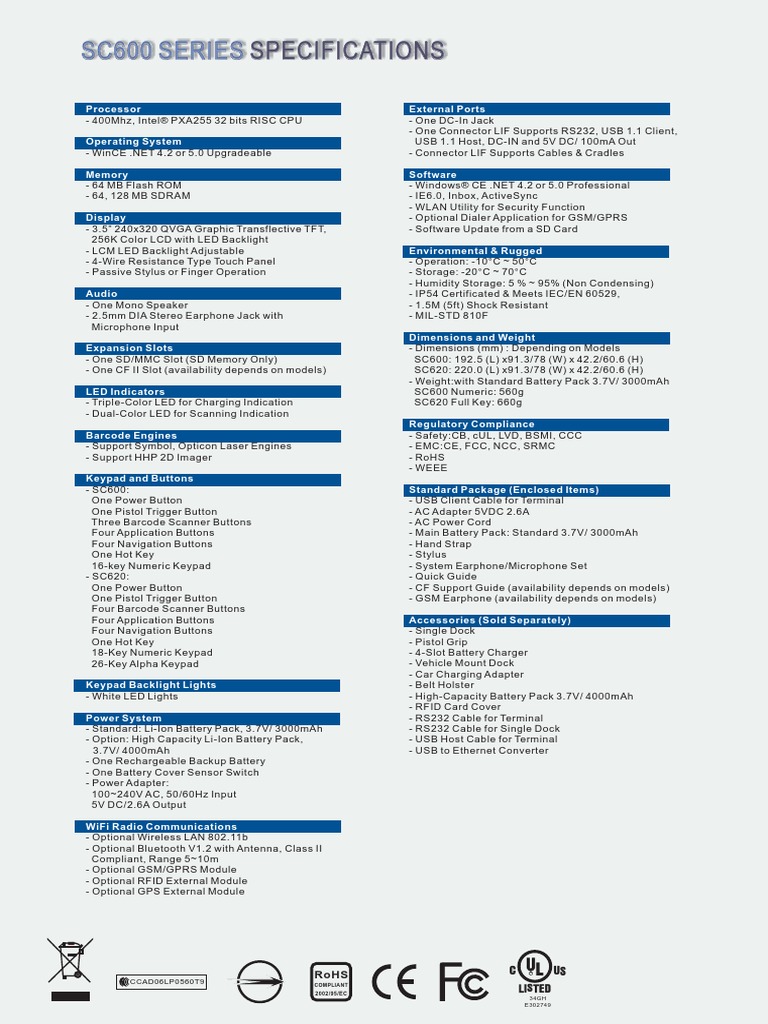 SC600-SC620 External Spec 20070123 | PDF | Usb | Barcode