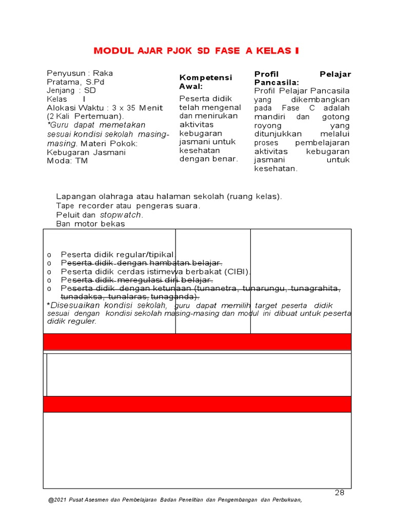 Modul Ajar Pjok SD Fase A Kelas 1 C | PDF