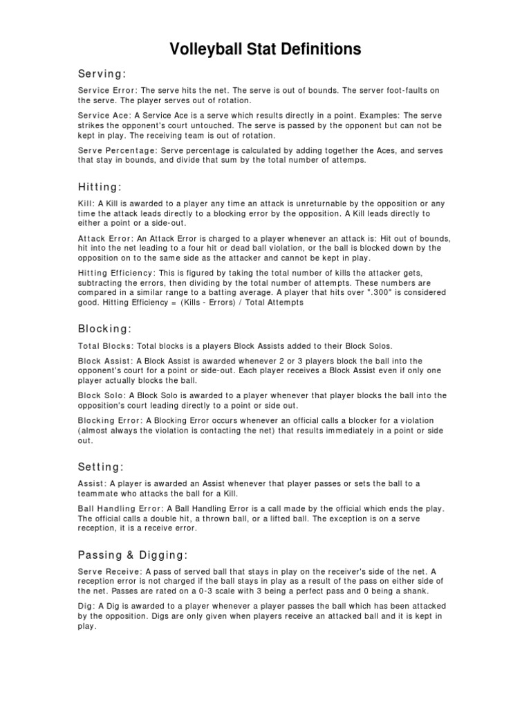 Stat Definitions | PDF | Volleyball | Athletic Sports