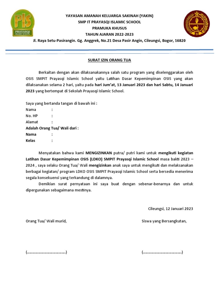 Surat Izin Orang Tua Pramuka LT 2 | PDF Surat Izin Orang Tua Pramuka LT 2 | PDF