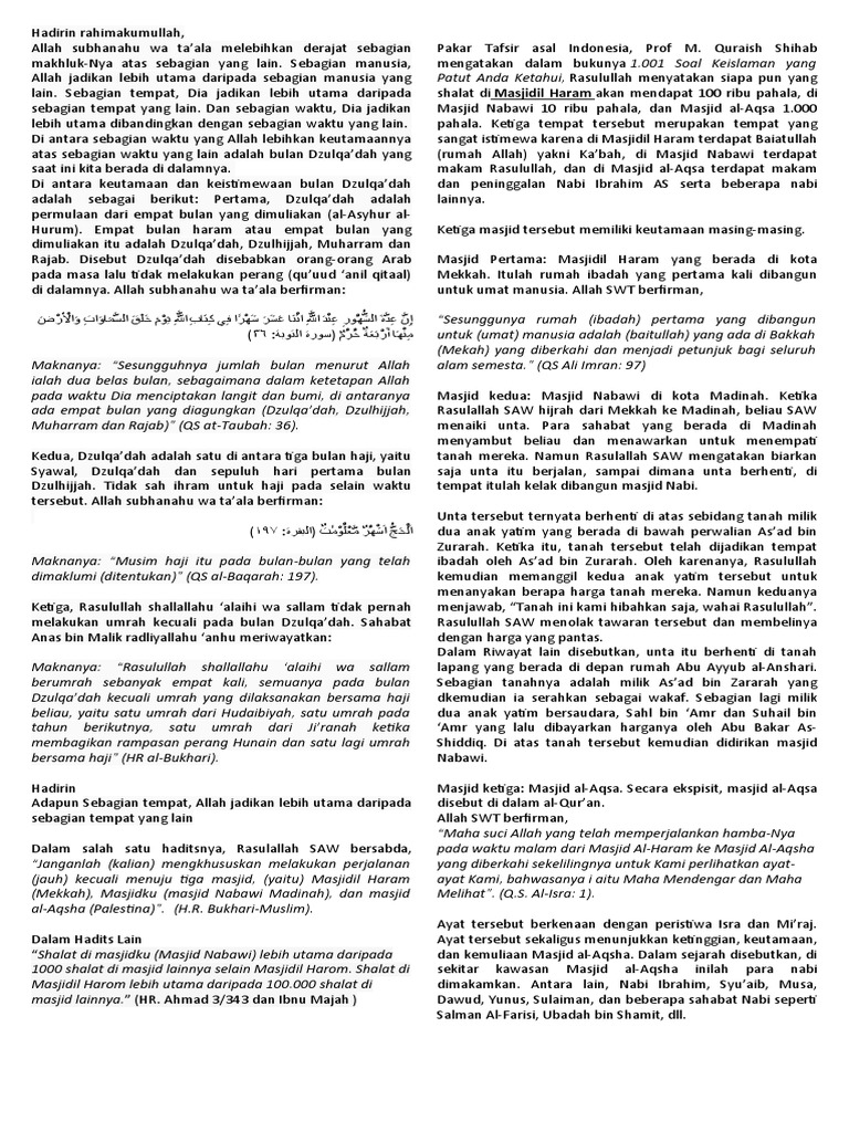 Khutbah Keutamaan Bulan Zulka'dah Dan 3 Masjid | PDF