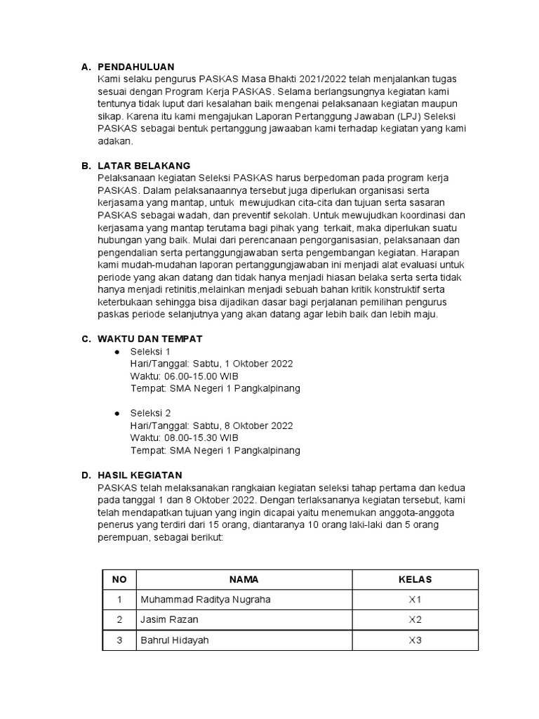Laporan Pertanggungjawaban Seleksi PASKAS | PDF