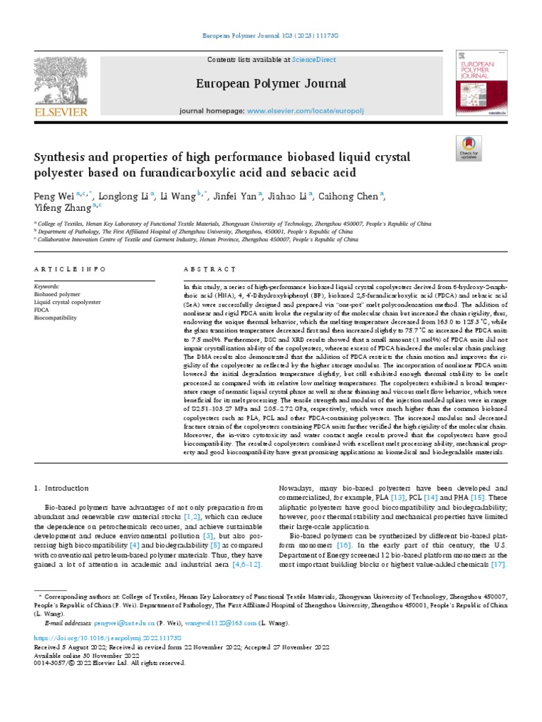 Biobased Liquid Crystal Polyester Synthesis | PDF | Young's Modulus ...