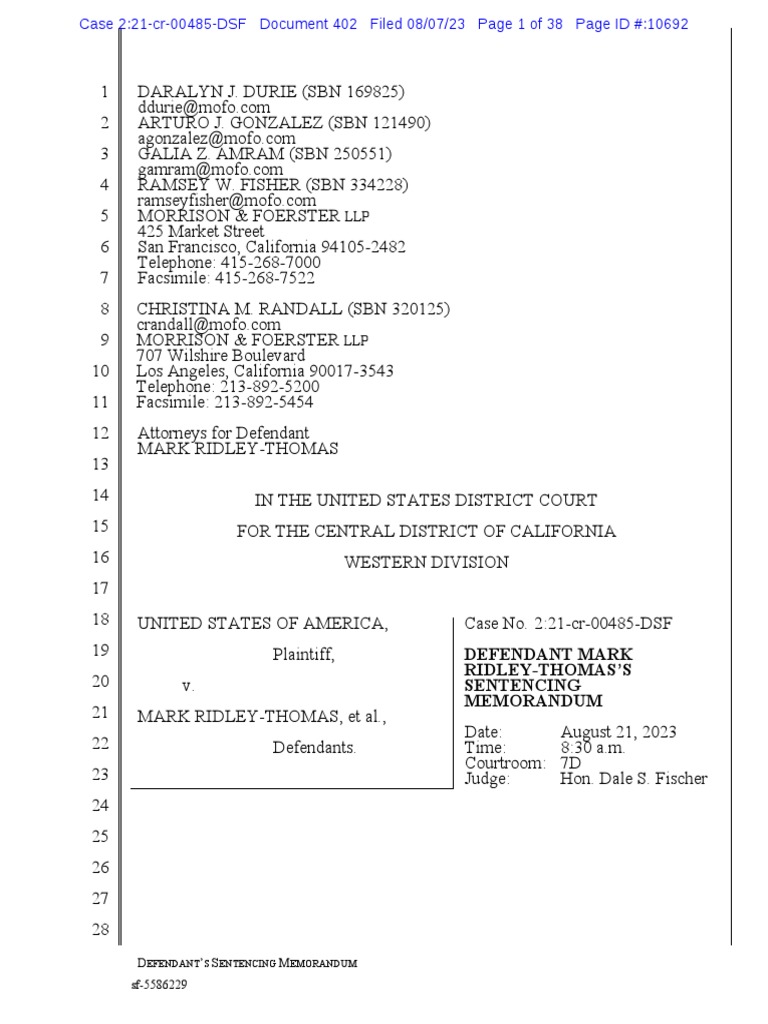 Mark Ridley-Thomas August 7, 2023, Sentencing Memo, Filed by DARALYN J ...