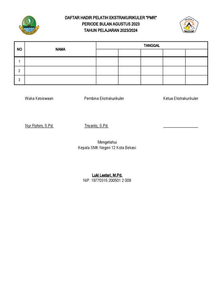 Daftar Hadir & Insentif Pelatih Ekskul Tahun Pelajaran 2023-2024 | PDF