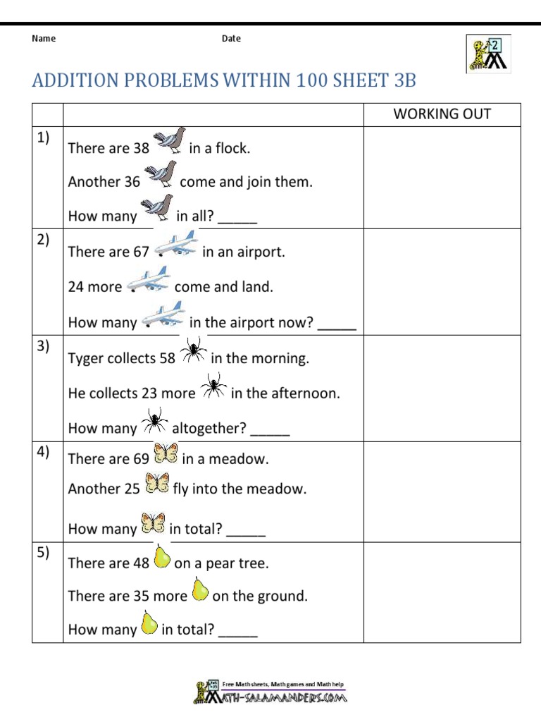 Addition Word Problems Within 100 3b | PDF
