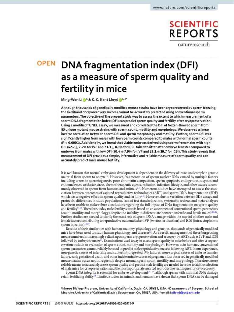 Dna Fragmentation Index (Dfi) As A Measure of Sperm Quality and Fertility in Mice | PDF