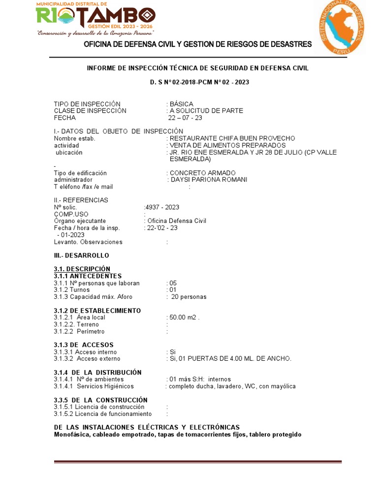 Informe de Inspección Técnica de Seguridad en Defensa Civil | PDF | Defensa Civil | Protección ...