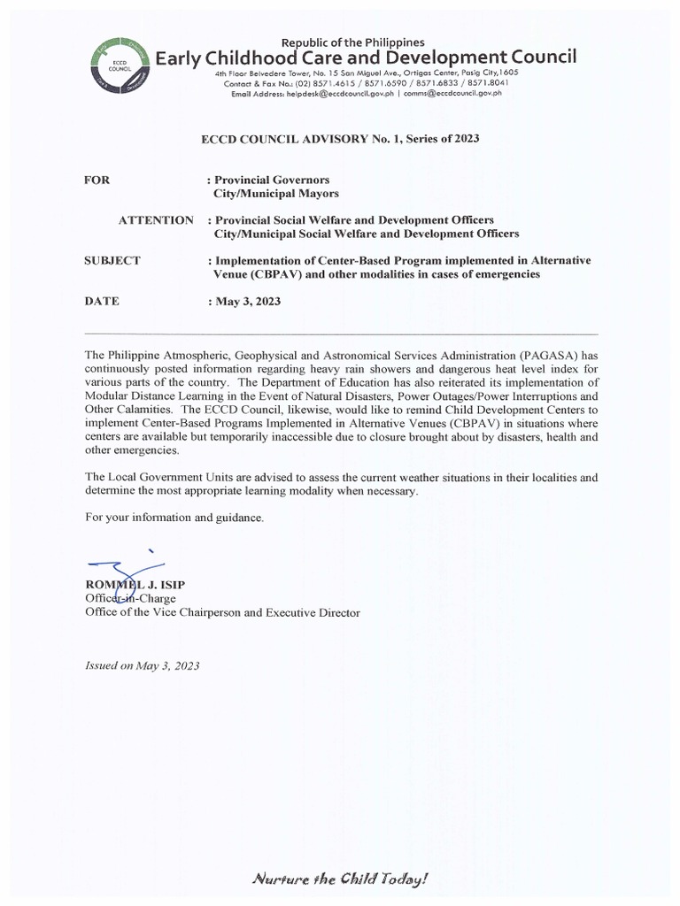 ECCD Council Advisory No. 1 Series of 2023 - Implementation of Center ...