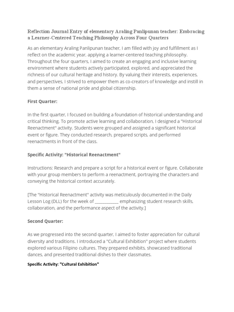 Reflection Journal Entry of Elementary Araling Panlipunan Teacher | PDF