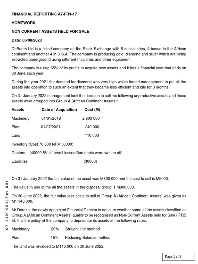 Homework For Non Current Assets Held For Sale | PDF | Fair Value ...