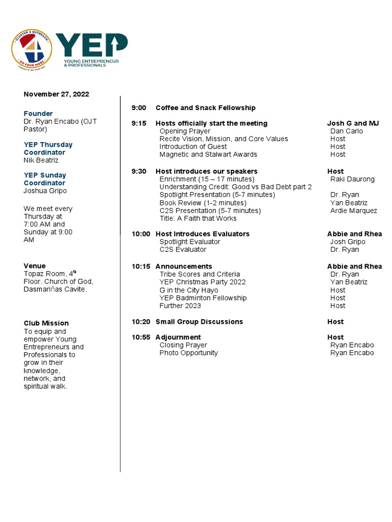 YEP Sunday Program Flow 11272022 - JGripo | PDF