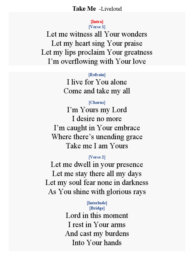 Take Me - Liveloud Lyrics | PDF