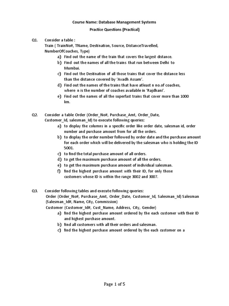 Practice Questions For Practical - DBMS | PDF