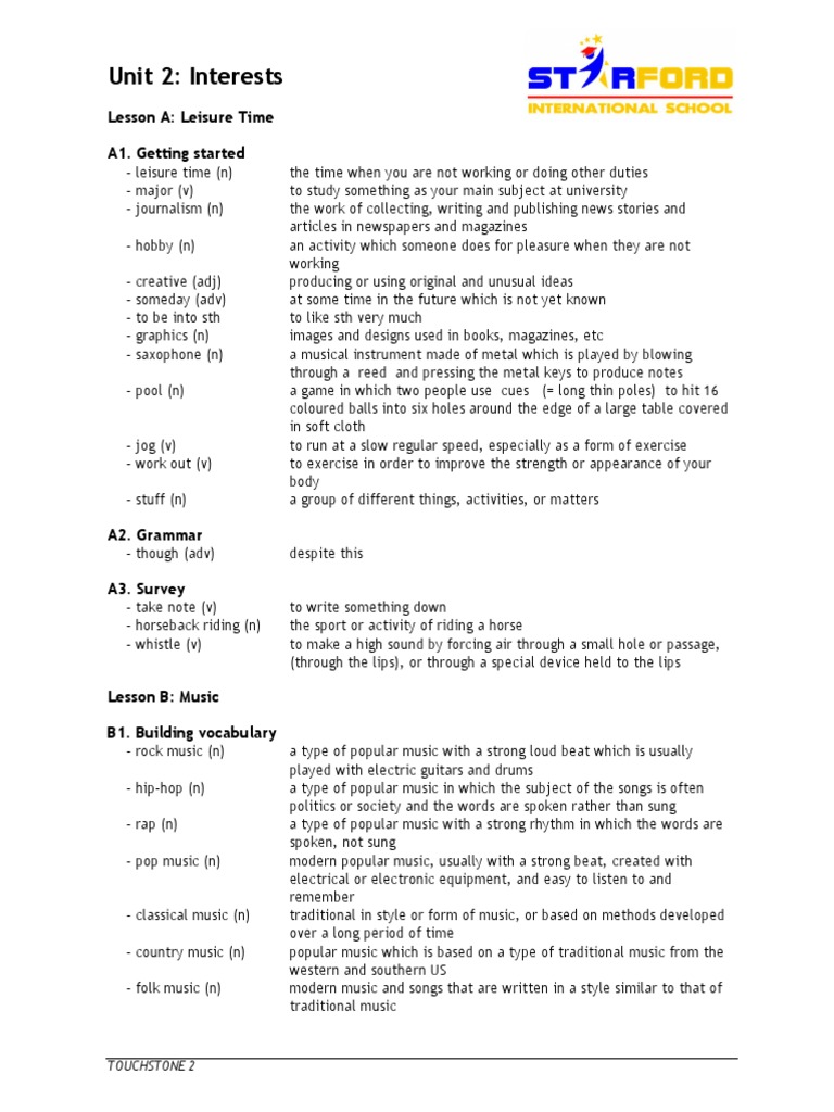 Touchstone2 2nd Edition Vocabulary Unit 2 | PDF | Popular Music | Folk ...