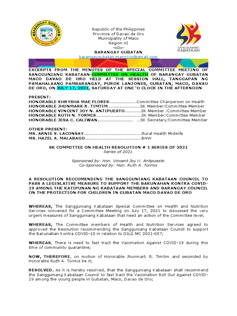 SK Health Committee Resolution on COVID-19 | PDF | Government | Philippines
