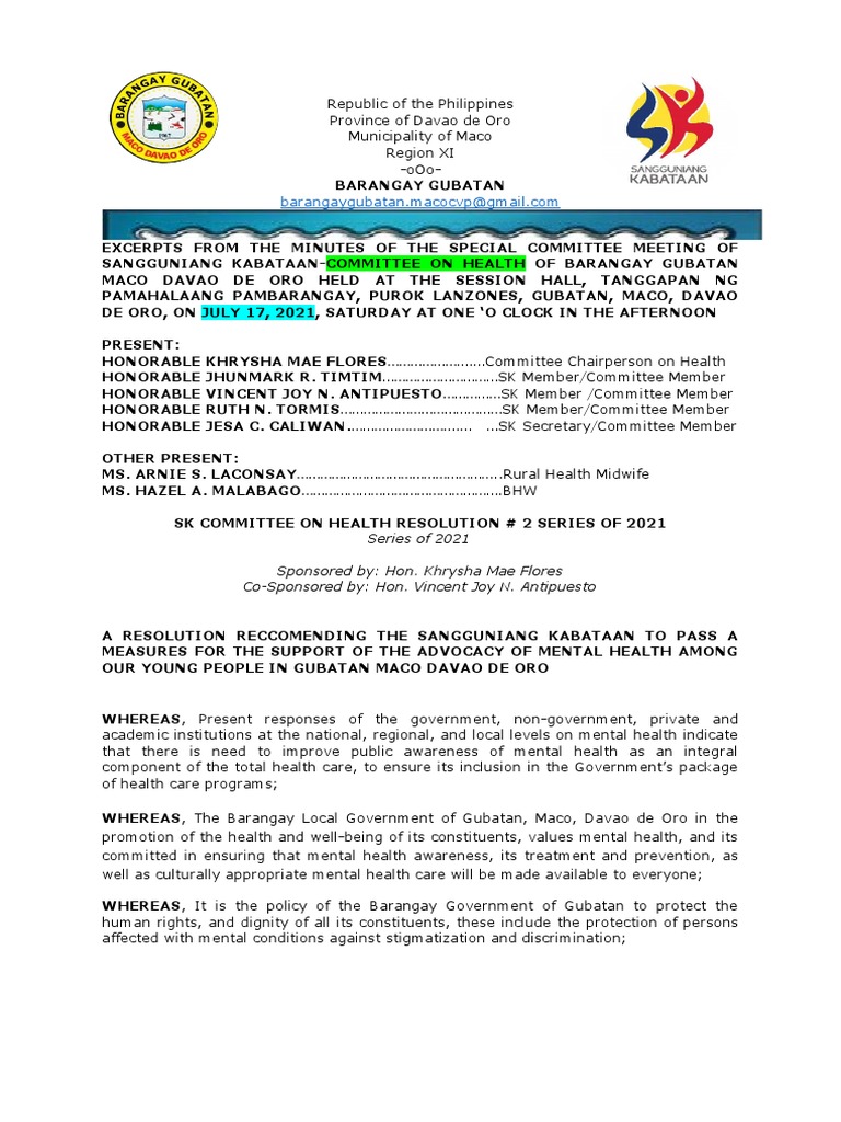 SK Commitee Reso On Health 2 2021 | PDF