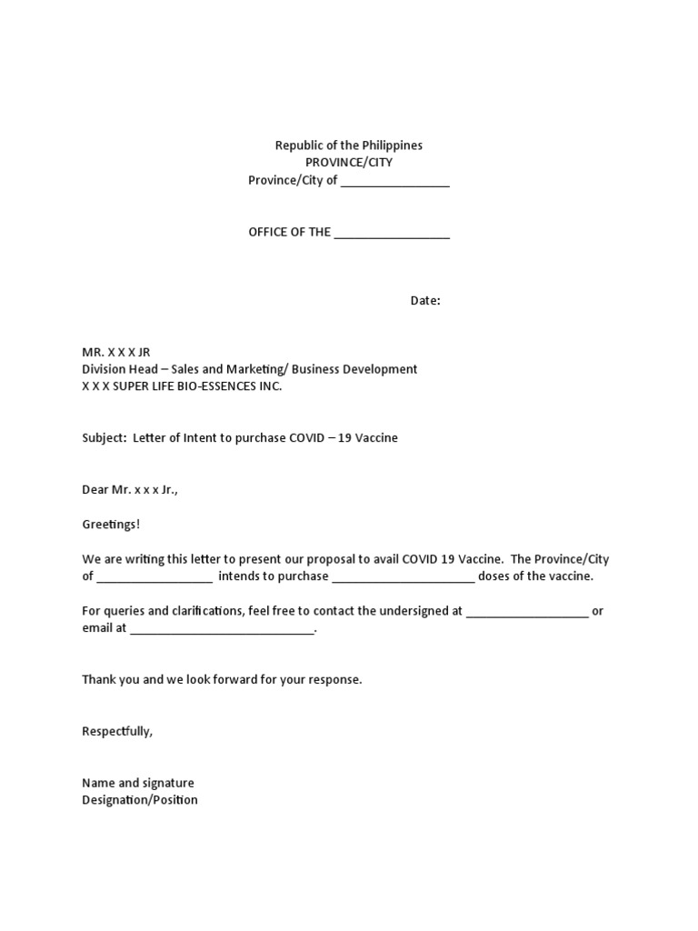 Sample Letter of Intent To Purchase Vaccine | PDF