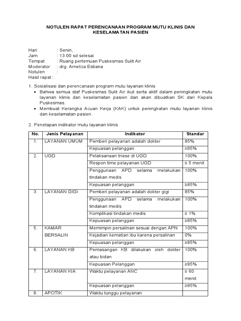 Notulen Rapat Perencanaan Program Mutu Klinis Dan Keselamatan Pasien | PDF