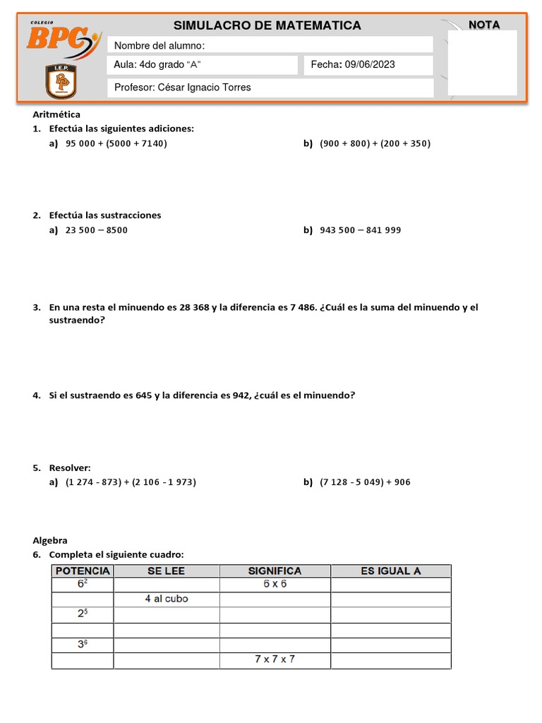 Simulacro de Matematica 4to Grado | PDF | Ciencia y matemáticas