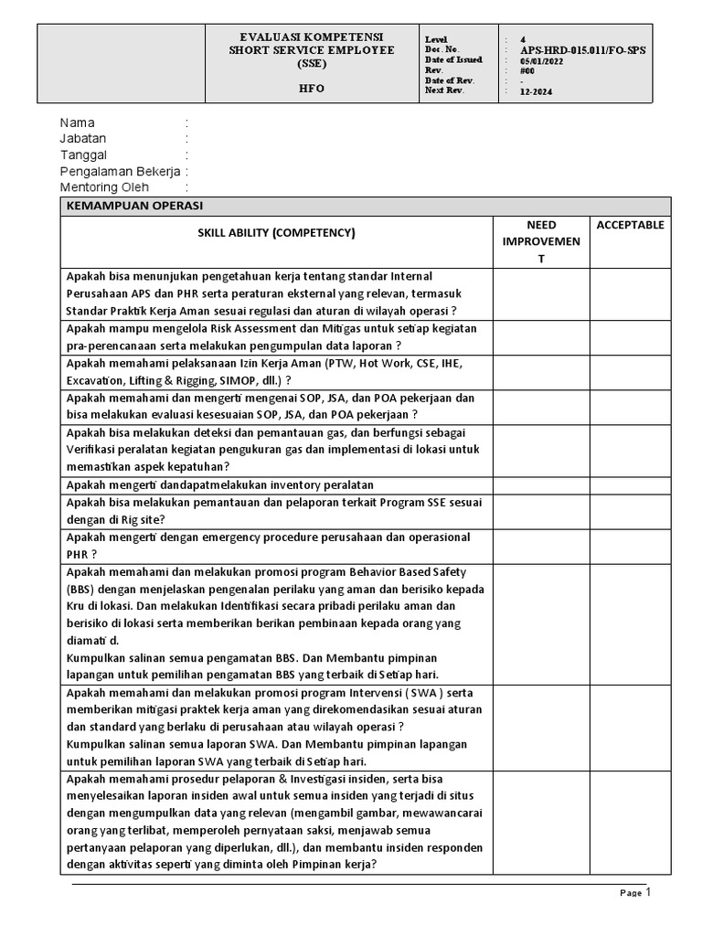 Silabus Kompetensi SSE - HFO | PDF