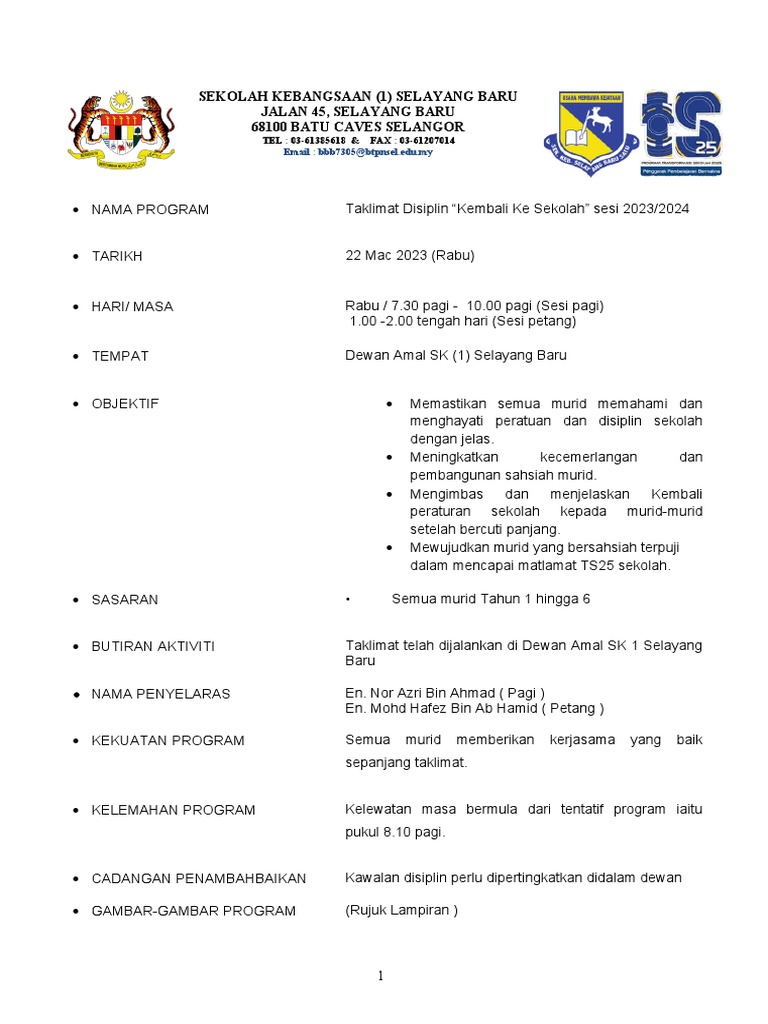 Laporan TAKLIMAT DISIPLIN KEMBALI KE SEKOLAH 2023 | PDF
