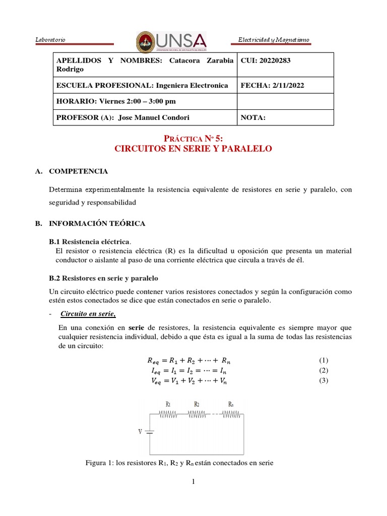 Laboratorio 05 - Circuitos en Serie y Paralelo | PDF | Resistencia ...