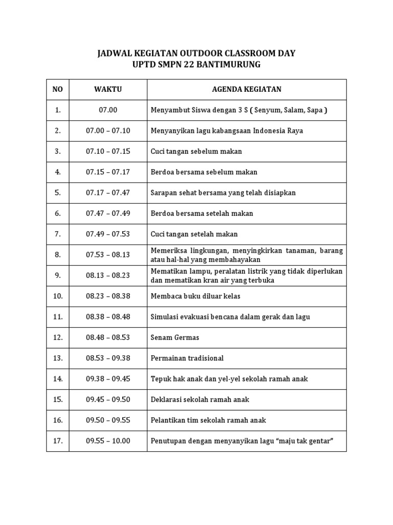 Jadwal Kegiatan Outdoor Classroom | PDF | Seni & Disiplin Bahasa