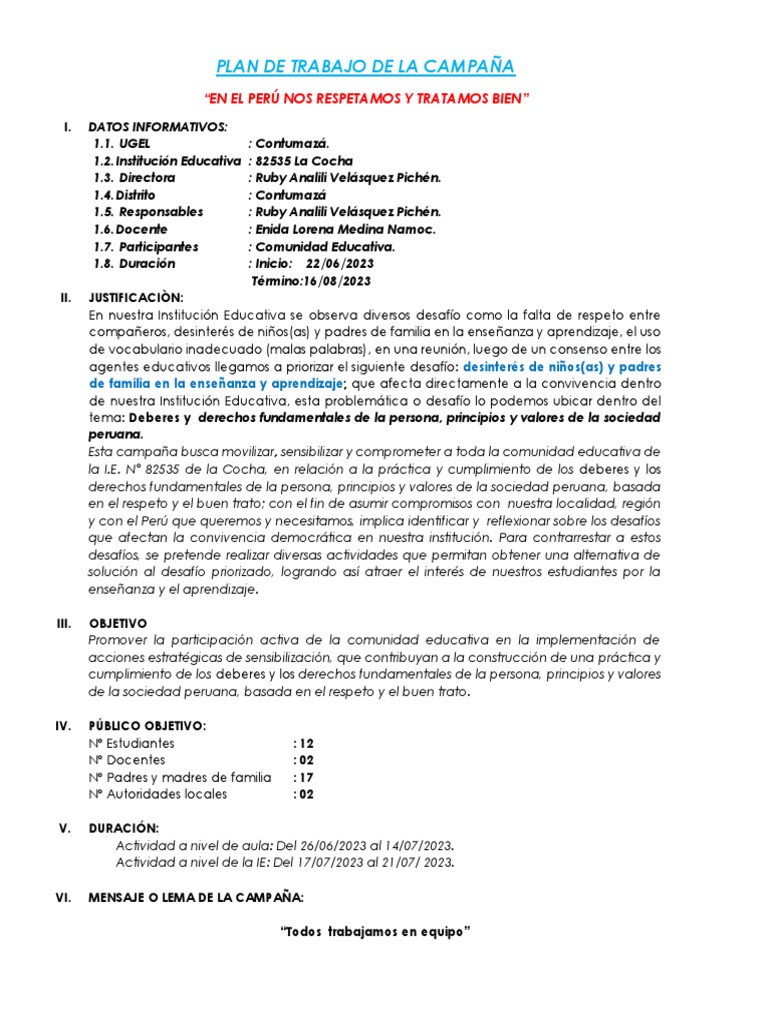Plan de Trabajo de La Campaña | PDF