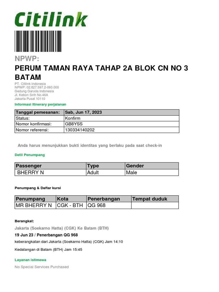 Itinerary Bherry CGK-BTH | PDF